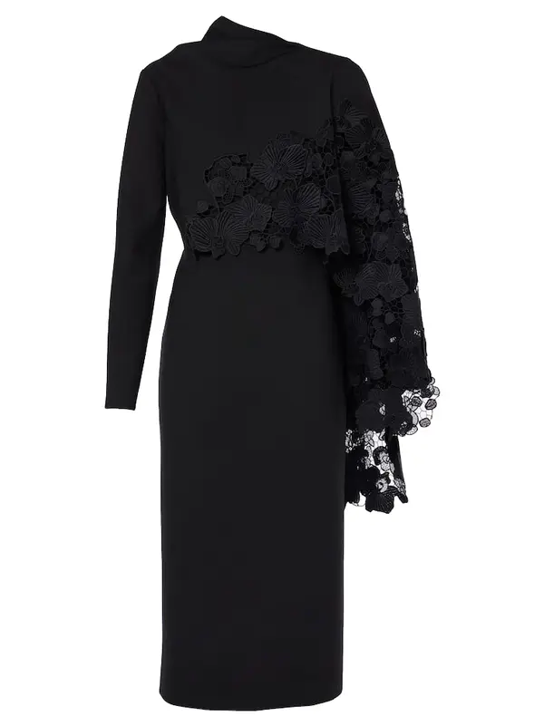 Oscar De La Renta Floral Guipure Wool Midi Dress - Black