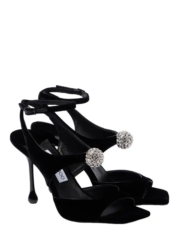 JIMMY CHOO Orb 95 Embellished Velvet Sandals - Black