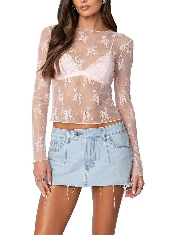 EDIKTED Lise Sheer Lace Top - Light Pink