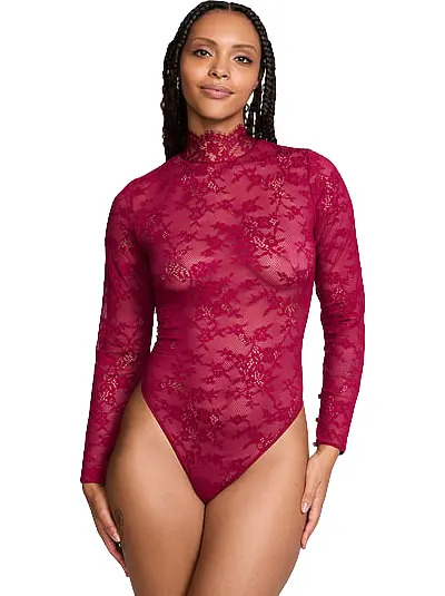 Victoria's Secret Dream Angels Lace Long-sleeve Bodysuit - Red
