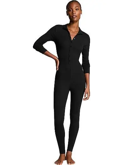 Victoria's Secret Luxe Ribbed Modal Long-sleeve Jumpsuit - Black