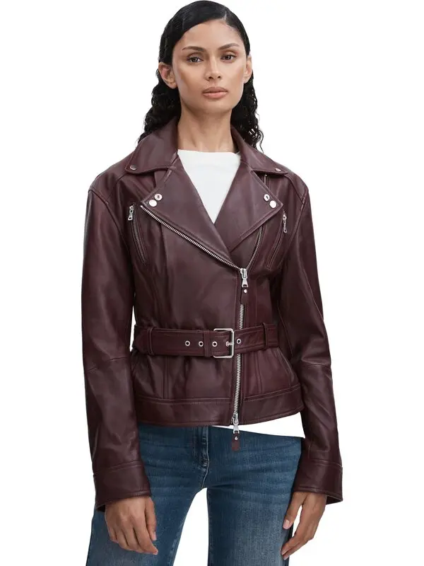 Paige Leather Belted Moto Jacket - Dark Oxblood