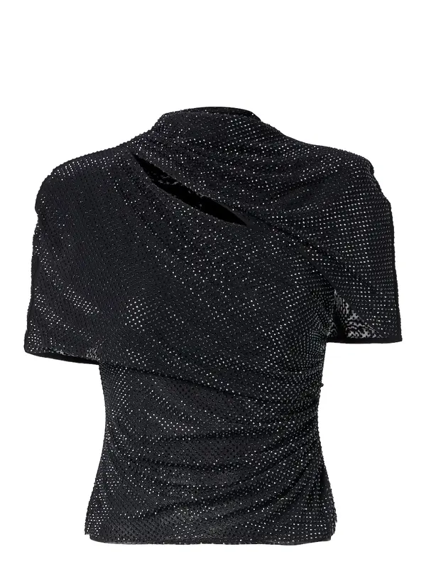 SELF-PORTRAIT Draped Embellished Mesh Top - Black