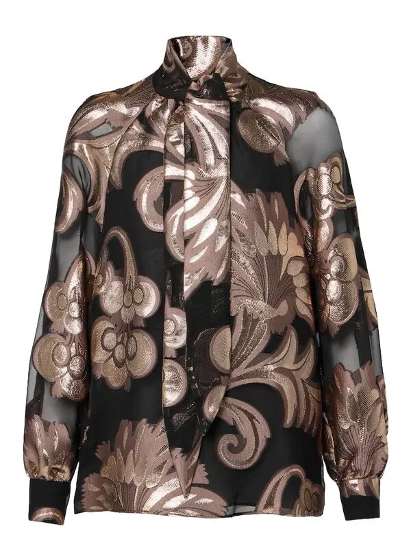 Etro Semi-sheer Tie-neck Lamé Blouse - Gold