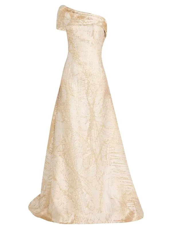 Rickie Freeman For Teri Jon One-shoulder Metallic Jacquard Gown - Ivorygold