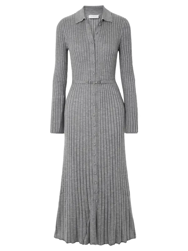 Gabriela Hearst Tenes Belted Ribbed Silk And Cashmere-blend Midi Dress - Gray
