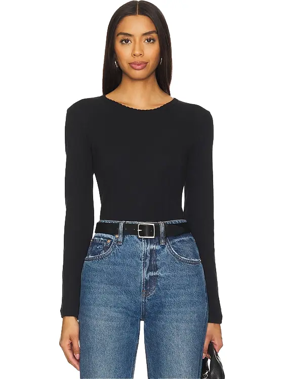 LESET Pointelle Long Sleeve Top - Black