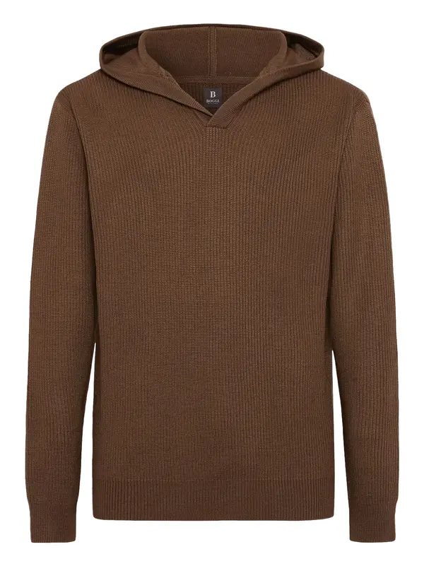Boggi Milano V-neck Wool Hoodie - Brown