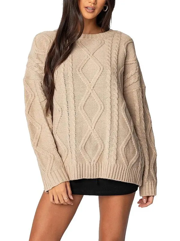 EDIKTED Kennedy Oversized Cable Knit Sweater - Beige