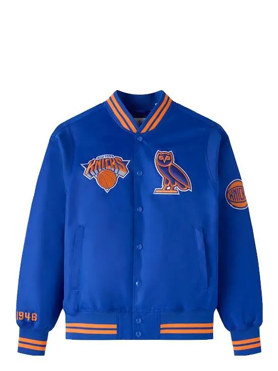 OVO X Nba New York Knicks Satin Varsity Jacket - Blue