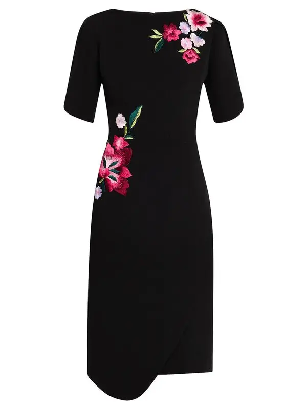 Rickie Freeman For Teri Jon Floral-embroidered Crepe Dress - Black Mult