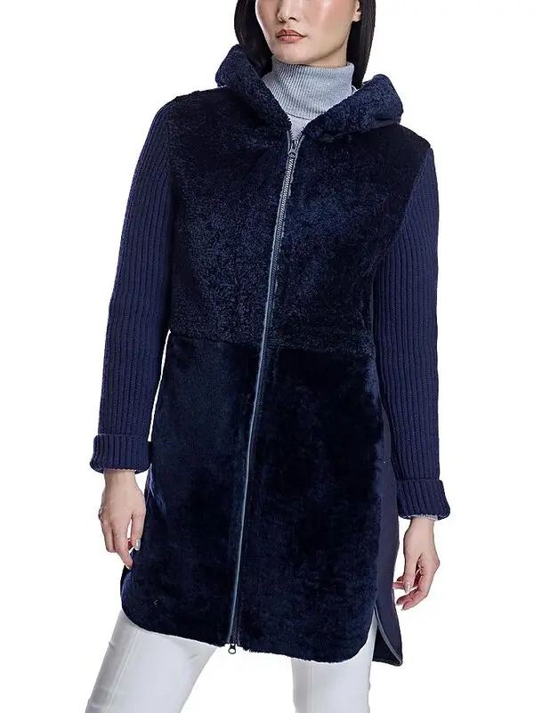 MAXIMILIAN Hooded Shearling Coat With Knit Trim - Cosmos Blue
