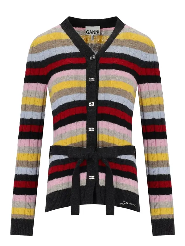 GANNI Striped Wool Cardigan With Belt - Multicolor