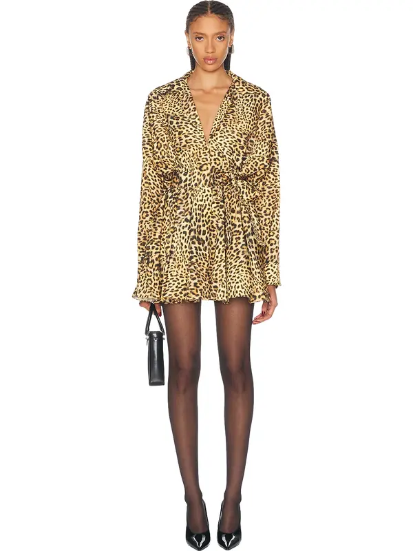 Norma Kamali Super Oversized Boyfriend Shirt Flared Mini Dress - Cheetah Patch