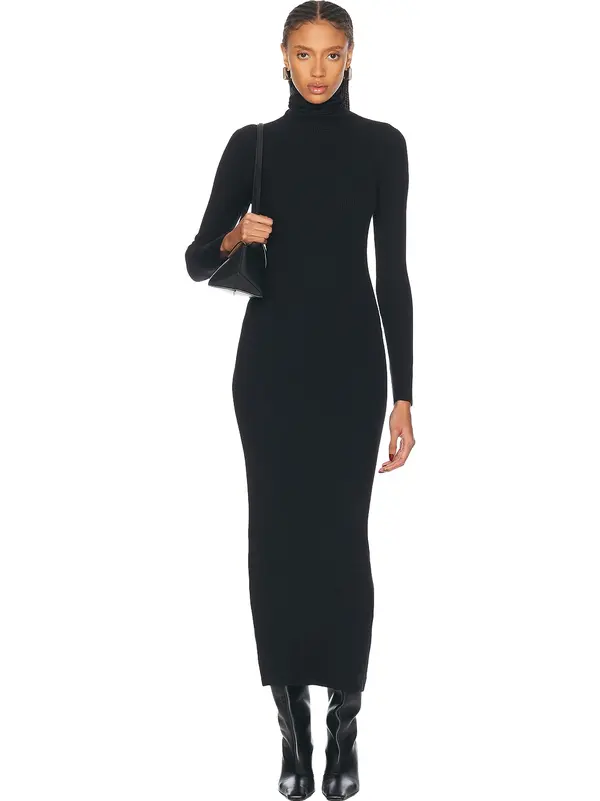 Enza Costa Silk Sweater Rib Ankle Turtleneck Dress - Black