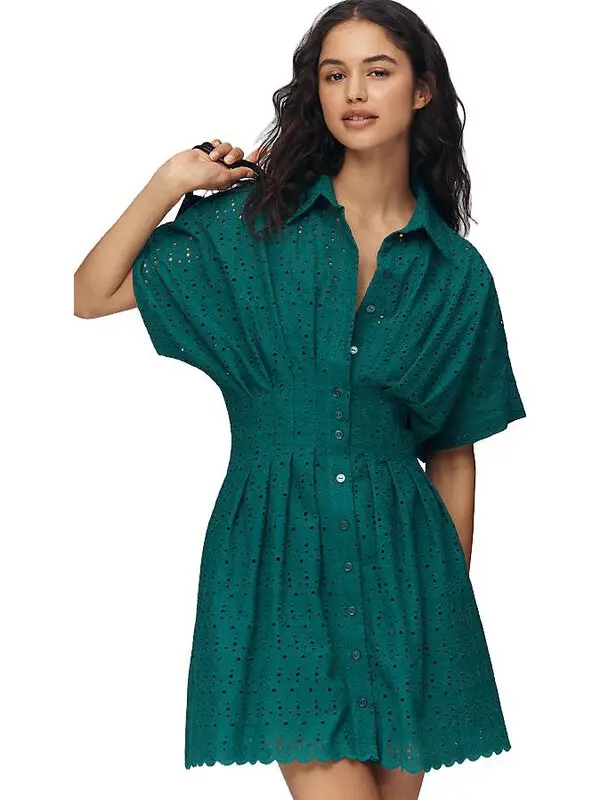 EXQUISE Tobie Eyelet Mini Shirt Dress - Green