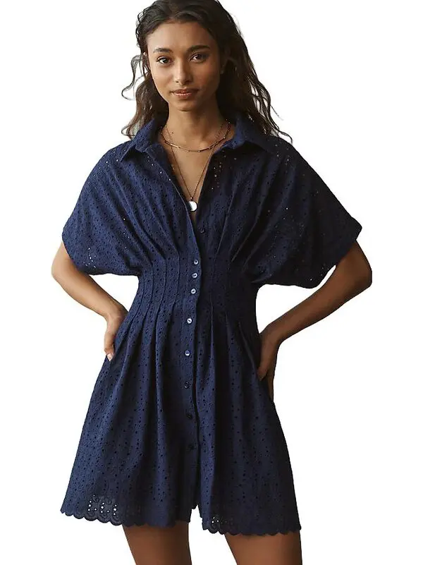 EXQUISE Tobie Eyelet Mini Shirt Dress - Navy