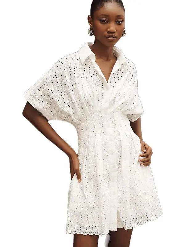 EXQUISE Tobie Eyelet Mini Shirt Dress - White