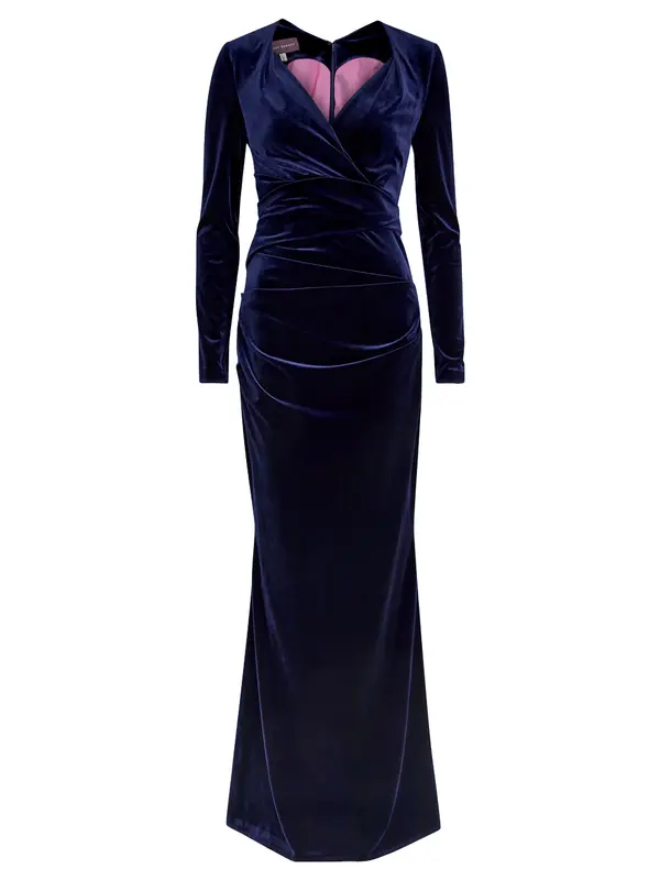 Talbot Runhof Gathered Velvet Gown - Navy