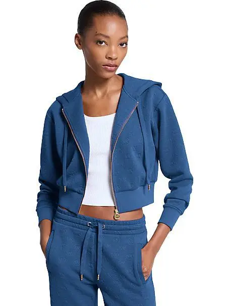 Michael Kors Logo Jacquard Cropped Zip-up Hoodie - Blue