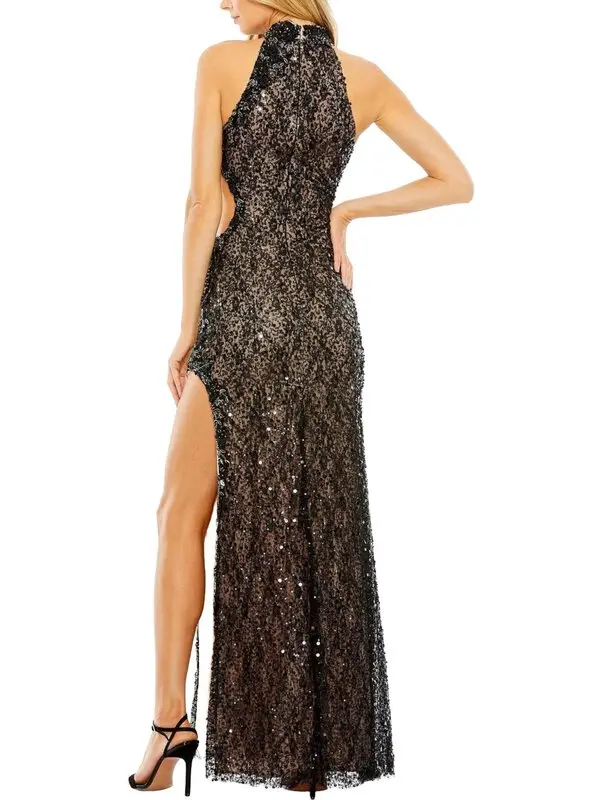 Mac Duggal Side Cut Out High Slit Sequin Gown - Black Silver
