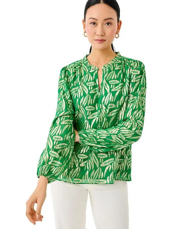 Lilly Pulitzer® Giana Long Sleeve Silk Top - Bamboo Green Leafy Babe Metallic Silk Clip