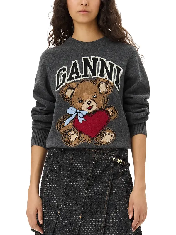 GANNI Graphic Bear Pullover Sweater - Gray Quill