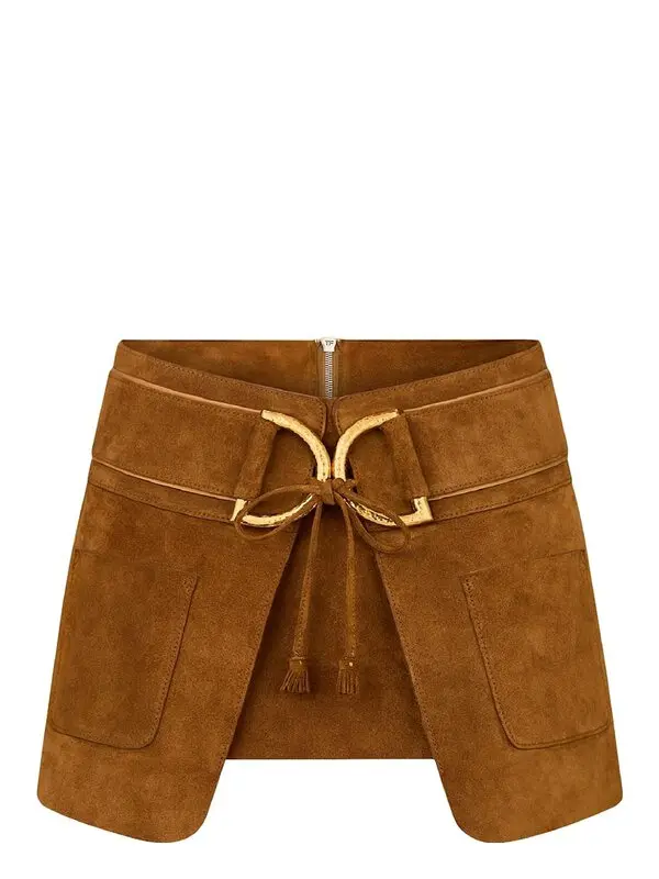 TOM FORD D-ring Inverted Pleat Mini Suede Skirt - Camel