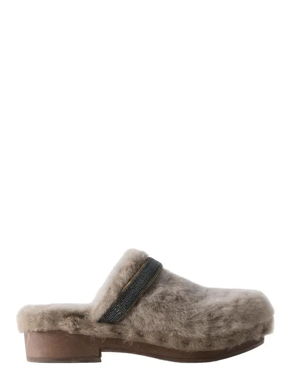 Brunello Cucinelli Bead-embellished Shearling Clogs - Brown