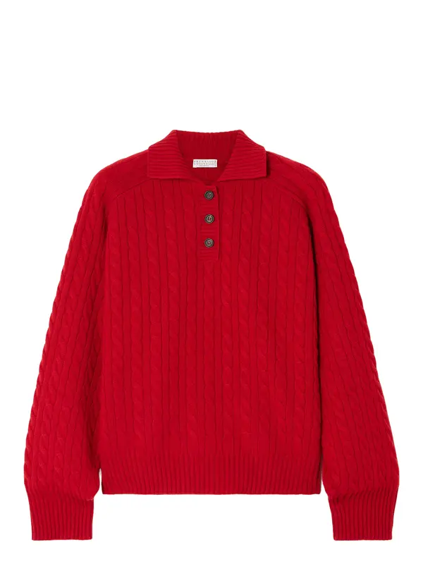 Brunello Cucinelli Cable-knit Cashmere Polo Sweater - Red