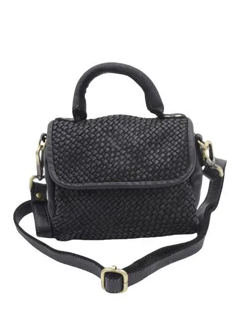 BOLSA NOVA Lily Mini Woven Washed Italian Leather Handbag - Black