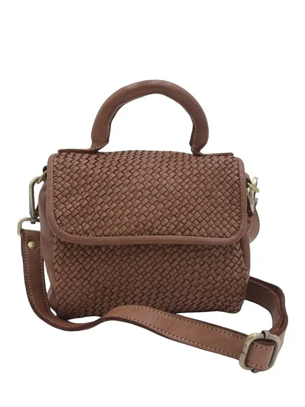 BOLSA NOVA Lily Mini Woven Washed Italian Leather Handbag - Cognac