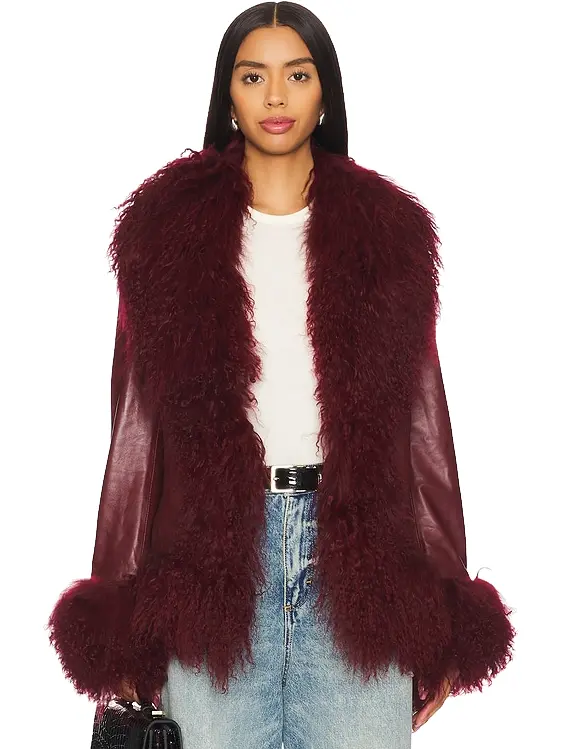 SUSANNA CHOW Dorothy Leather Coat With Fur Trim - Burgundy