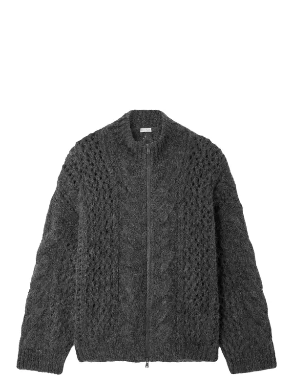 Brunello Cucinelli Open And Cable-knit Alpaca-blend Cardigan - Gray