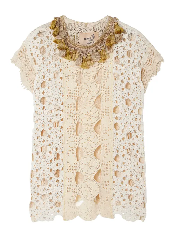 Thank You Have A Good Day Tasseled Patchwork Crocheted Cotton Top - Cream