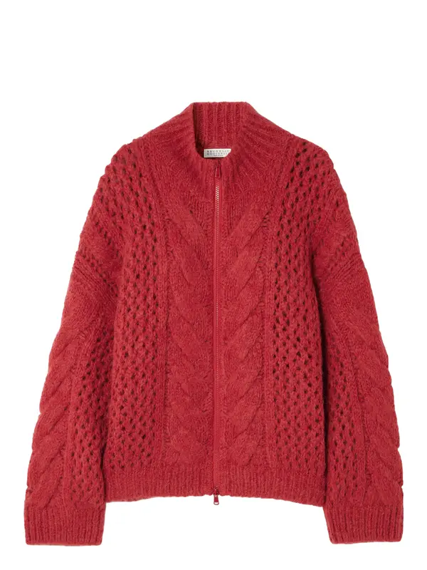 Brunello Cucinelli Open And Cable-knit Alpaca-blend Cardigan - Red