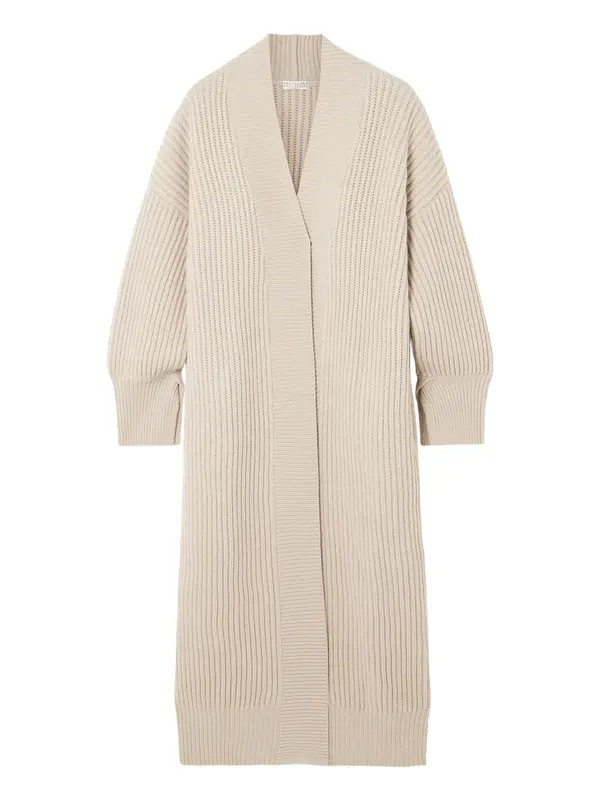 Brunello Cucinelli Ribbed Wool, Cashmere, And Silk-blend Cardigan - Neutrals