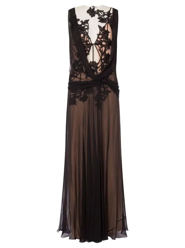 Alberta Ferretti Sleeveless Silk Gown With Lace Embroidery - Black