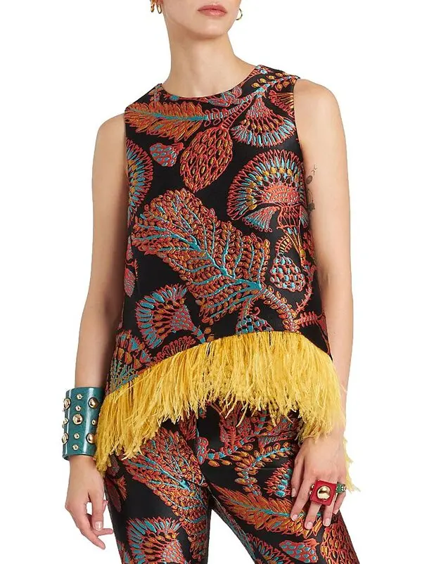 La DoubleJ La Scala Feather-trimmed Jacquard Top - Jacquard Sicomore Black