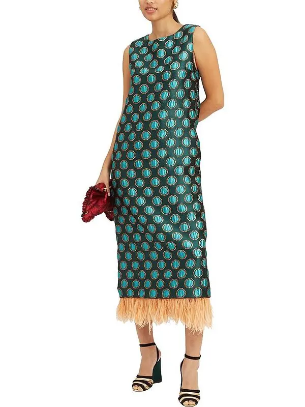La DoubleJ Column Dress With Feathers - Jacquard Winter Sun Emerald