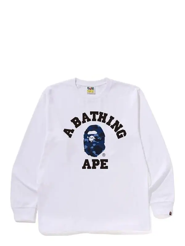 A BATHING APE Camo College Long Sleeve Tee Shirt - White/navy Blue