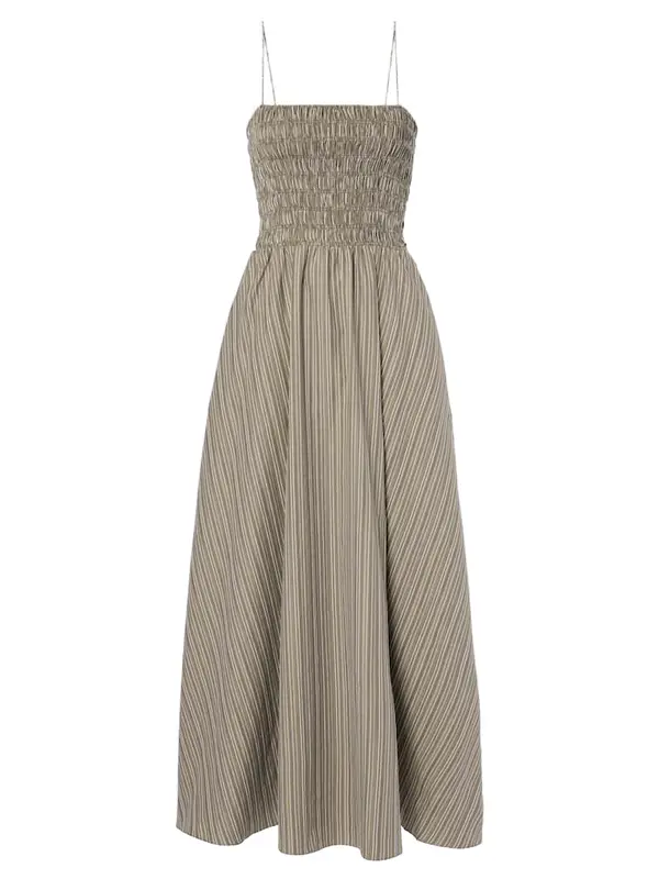 Faithfull The Brand Lida Pinstripe Shirred Maxi Dress - Brown