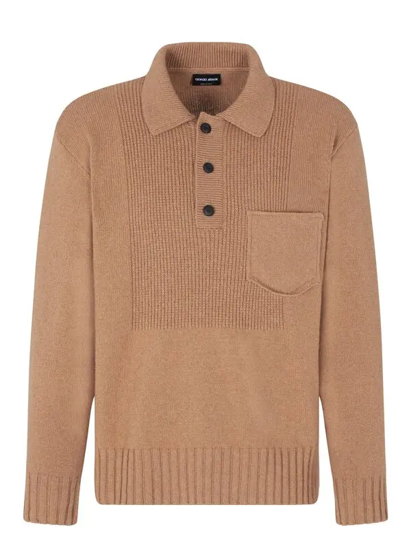 Giorgio Armani Long-sleeved Cashmere Polo Shirt - Camel