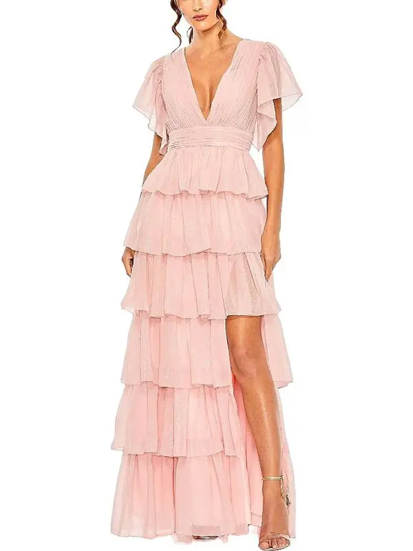 Mac Duggal Flutter Sleeve Ruffle Tiered Gown - Petal Pink