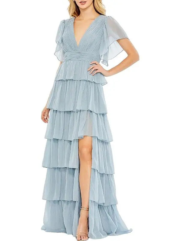 Mac Duggal Flutter Sleeve Ruffle Tiered Gown - Slate Blue
