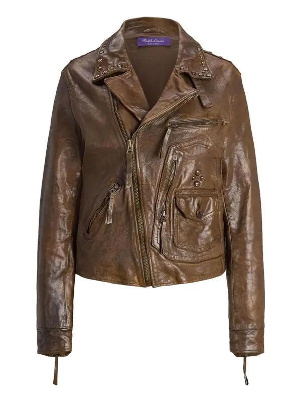 Ralph Lauren Andrea Stud-embellished Leather Jacket - Brown