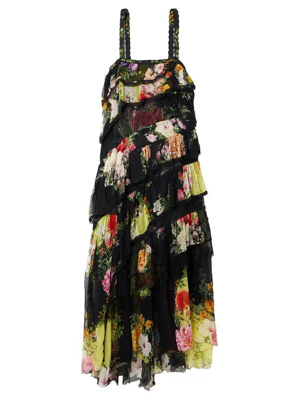 Camilla Asymmetric Crystal-embellished Lace-trimmed Floral-print Silk-crepon Midi Dress - Black