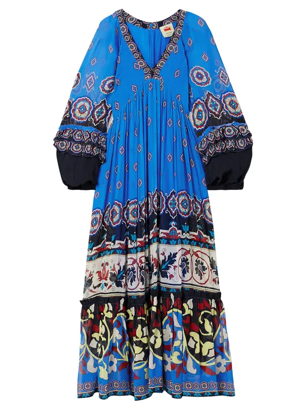 Farm Rio Ainika Gathered Printed Maxi Dress - Blue