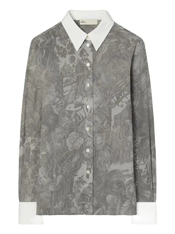 Tory Burch Printed Viscose Shirt - Light Gray Alien Toile