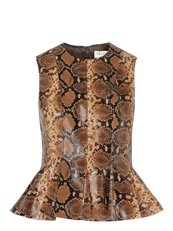 SALON 1884 Izabel Paneled Snake-effect Leather Peplum Top - Animal Print